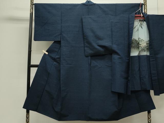 平和屋着物●男性　紬　アンサンブル　色無地　留紺色　正絹　逸品　CAAS0278th