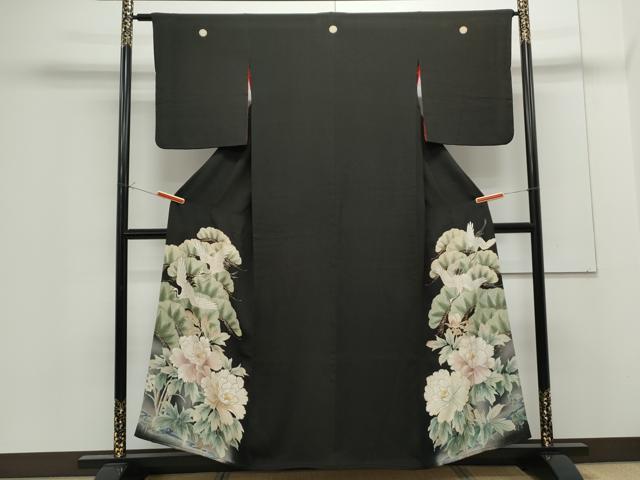 平和屋着物●アンティーク　大正ロマン　豪華黒留袖　散歩着　手描き　飛鶴草花文　黒地　金彩　正絹　逸品　CAAS0394th