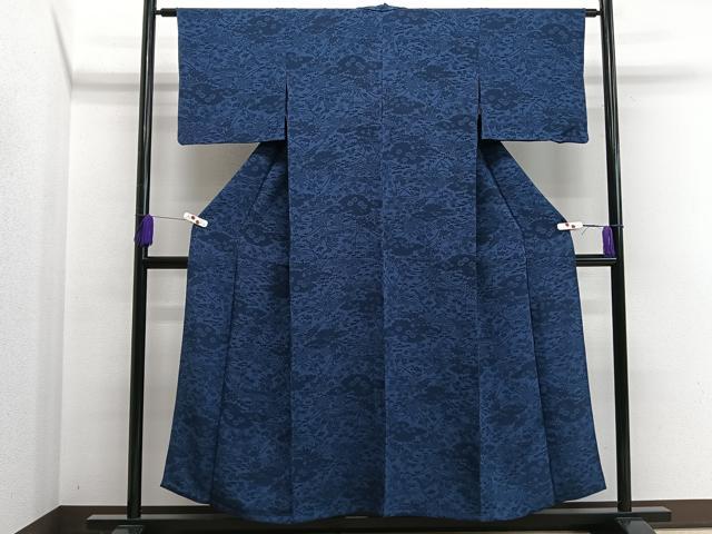 平和屋着物▽上質な小紋　単衣　雲取り草花文　鬼しぼ縮緬　反端付き　正絹　逸品　CAAS2491xi