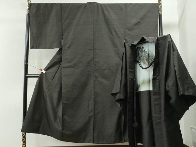 平和屋着物○男性 紬 アンサンブル 色無地 鉄黒色 キングサイズ 正絹