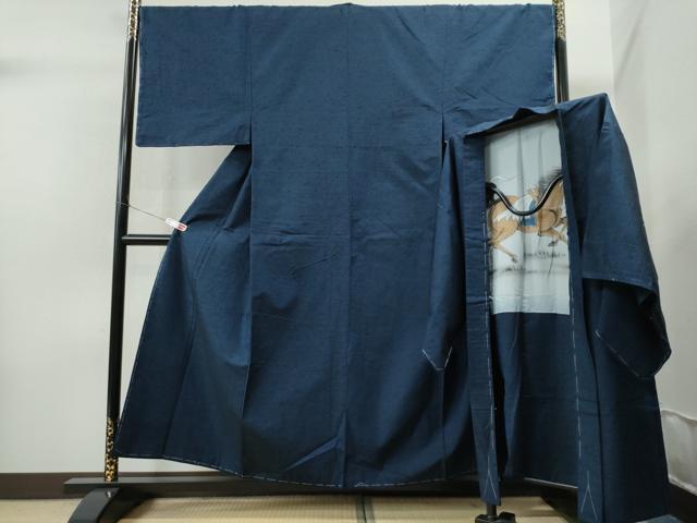 平和屋着物○男性 紬 色無地 留紺色 キングサイズ 正絹 逸品 未使用