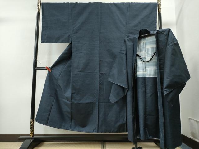 平和屋着物●男性　紬　アンサンブル　色無地　濃藍色　正絹　逸品　未使用　CAAS6827yc