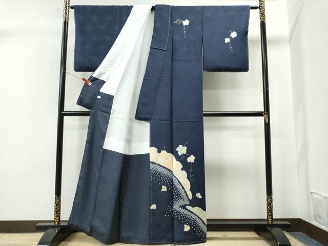 平和屋着物●訪問着　絞り　露芝蔦の葉文　紺地　金彩　正絹　逸品　未使用　CAAS7123yc