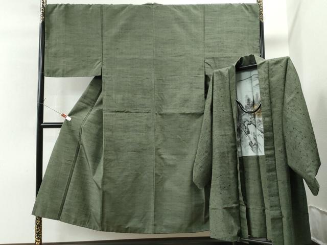 平和屋着物●男性　紬・髭紬羽織セット　色無地　老竹色　正絹　逸品　CAAS7171yc