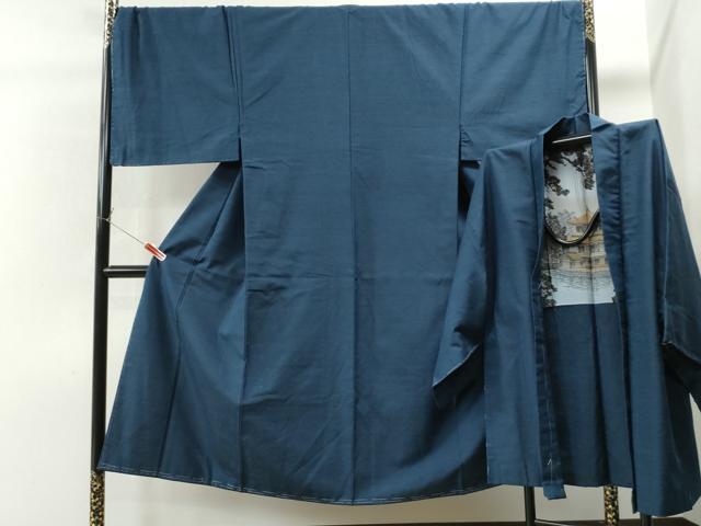 平和屋着物●男性　紬　アンサンブル　色無地　濃藍色　キングサイズ　正絹　逸品　未使用　CAAS7271yc