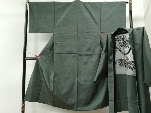 平和屋着物●男性　紬　アンサンブル　色無地　柳煤竹色　正絹　逸品　CAAS7272yc