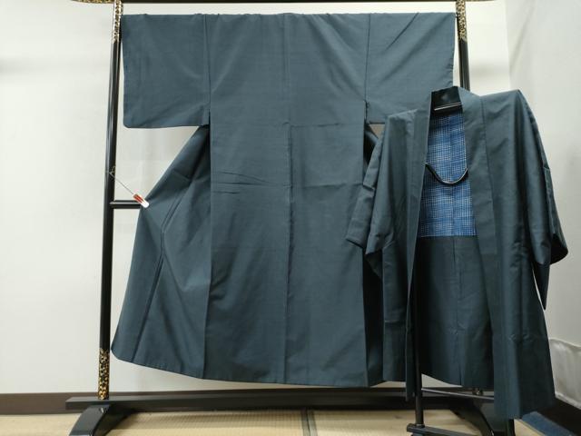 平和屋着物●男性　紬　アンサンブル　色無地　留紺色　正絹　逸品　CAAS7285yc