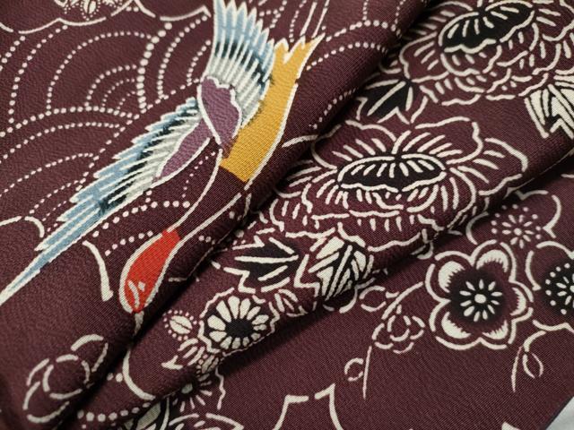 平和屋着物●上質な小紋　型染め　雲取り青海波飛鶴花文　鬼しぼ縮緬　正絹　逸品　CAAS7368yc