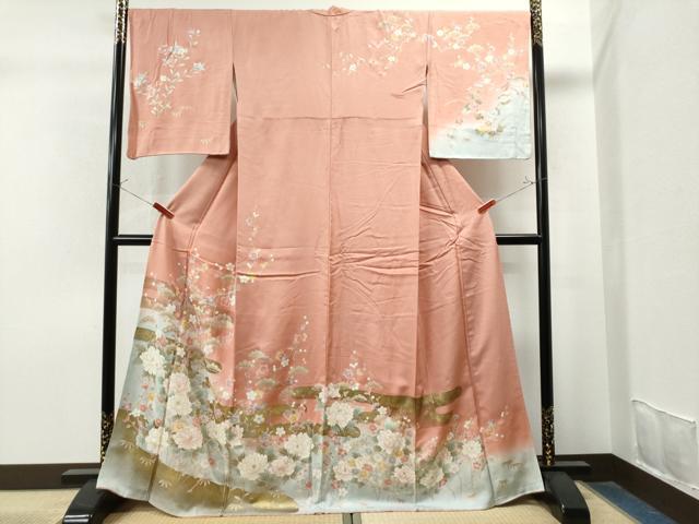 平和屋着物●訪問着　駒刺繍　霞牡丹松竹梅花文　暈し染め　金彩　正絹　逸品　CAAS7480yc