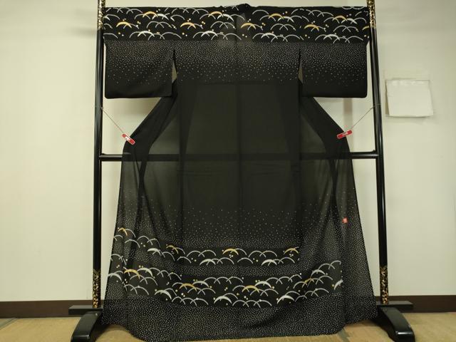 平和屋着物＊夏物　ファッションデザイナー 花井幸子　訪問着　絽縮緬　芝草横段文　黒地　金銀彩　正絹　逸品　CAAS8364vp