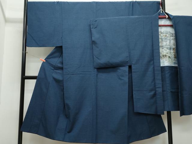 平和屋着物●男性　紬　アンサンブル　藍鉄色　正絹　逸品　CAAS8447vf