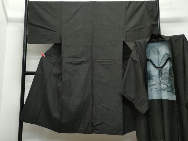 平和屋着物●男性　紬　アンサンブル　憲法黒茶色　正絹　逸品　CAAS8449vf