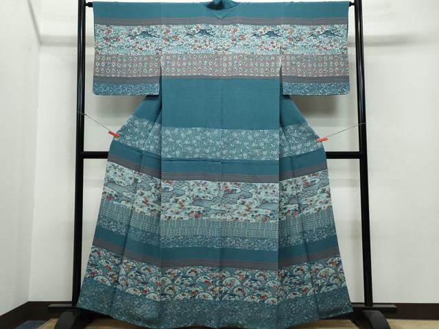 平和屋着物●訪問着　型染め　吉祥草花文　鬼しぼ縮緬　正絹　逸品　CAAS8532vf