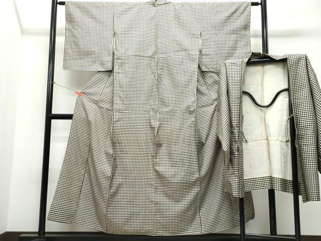 平和屋着物●上質なお召　アンサンブル　格子柄　正絹　逸品　CAAS8647vf