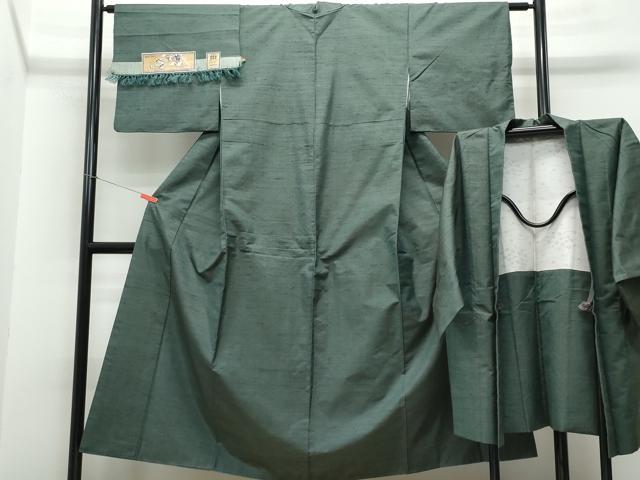 平和屋着物●上田紬　アンサンブル　黒緑色　証紙付き　正絹　逸品　CAAS8648vf