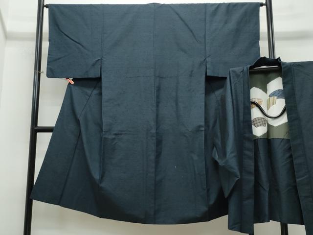 平和屋着物●男性　紬　アンサンブル　藍鉄色　正絹　逸品　CAAS8650vf
