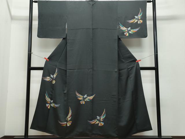 平和屋着物●染色作家　斉藤三才　訪問着　三才鳥　黒地　正絹　逸品　CAAS8667vf