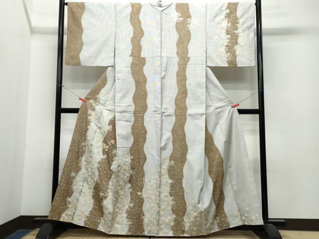 平和屋着物●訪問着　本場大島紬地　刺繍　草花文　金彩　正絹　逸品　CAAS8677vf