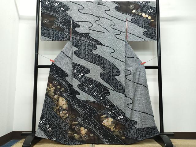 平和屋着物●訪問着　絞り　扇面草花文　黒地　金銀彩　正絹　逸品　CAAS8708vf