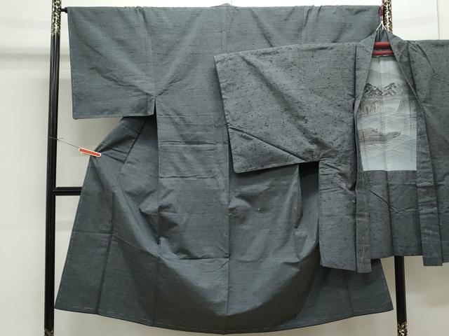 平和屋着物●男性　紬　髭紬羽織セット　色無地　墨色　正絹　逸品　未使用　CAAS9323th