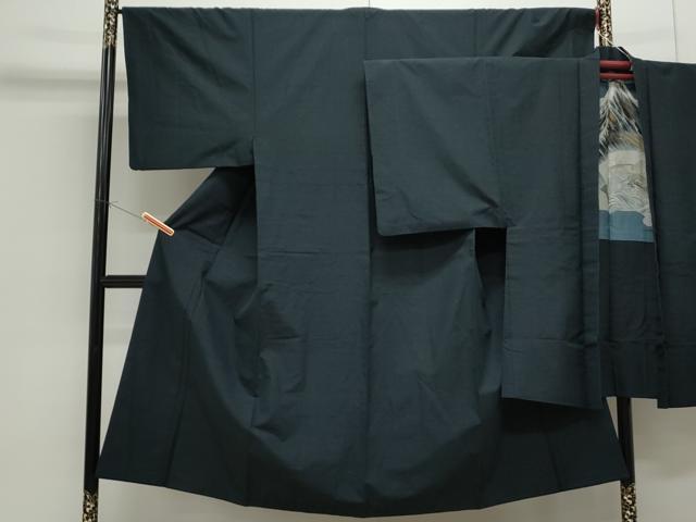 平和屋着物●男性　紬　アンサンブル　色無地　黒色　正絹　逸品　CAAS9325th