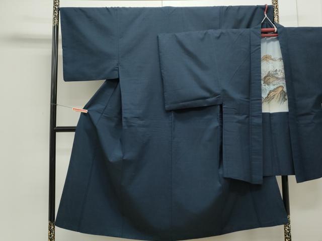 平和屋着物●男性　紬　アンサンブル　色無地　留紺色　正絹　逸品　CAAS9409th