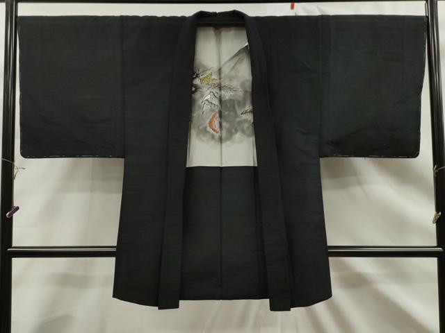 平和屋着物＃男性　長羽織　紬地　黒色　正絹　逸品　未使用　CAAT0454dy