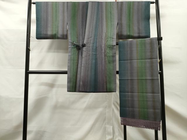 平和屋着物＃道中着　リバーシブル　霞文　暈し染め　ショール付き　ロング丈　正絹　逸品　CAAT0467dy