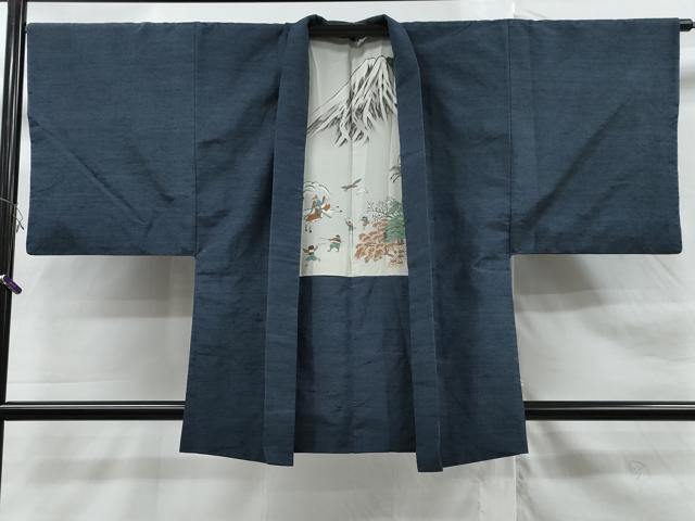 平和屋着物＃男性　羽織　紬地　御召御納戸色　正絹　逸品　CAAT0521dy