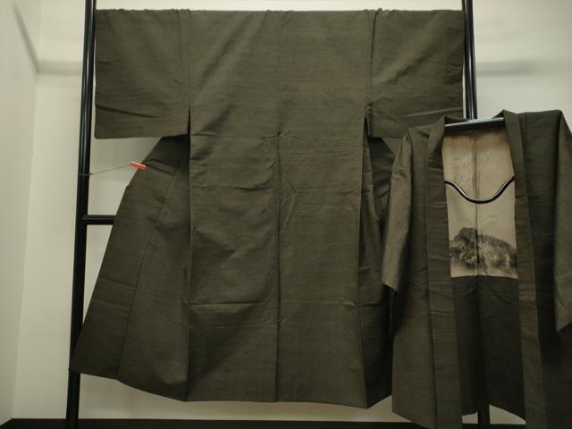 平和屋着物●男性　紬　アンサンブル　藍媚茶色　正絹　逸品　CAAT0564dy