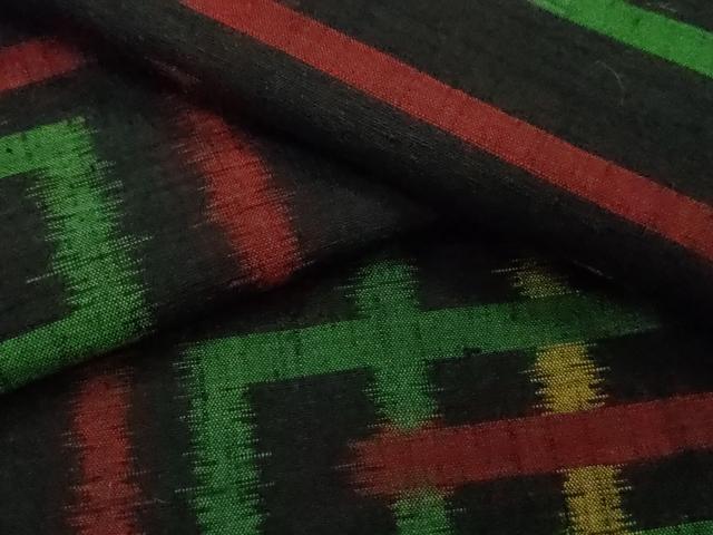 平和屋着物▽上質な紬　単衣　吉祥文　黒地　正絹　逸品　CAAT0761dy