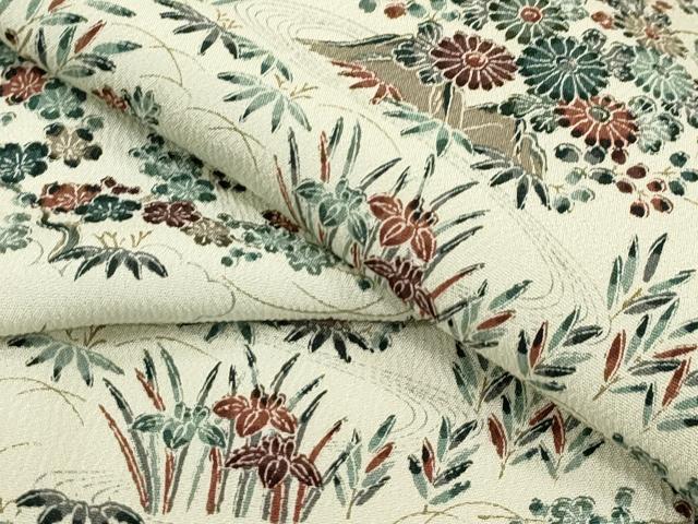 平和屋着物▽上質な小紋　単衣　流水草花文　正絹　逸品　CAAT0774dy