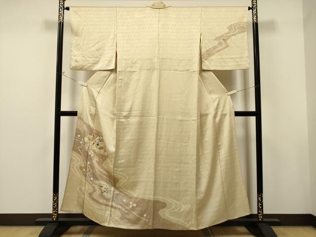 平和屋着物▽訪問着　単衣　絞り　刺繍　流水草花文　金銀彩　正絹　逸品　CAAT0793dy