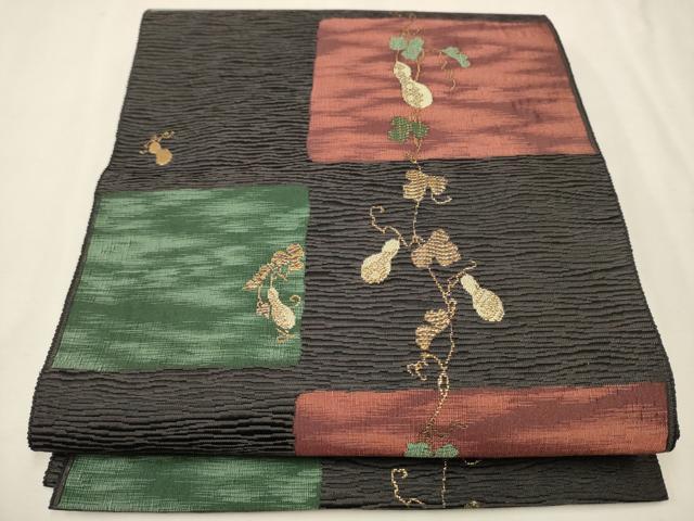 平和屋着物●本場筑前博多織　八寸名古屋帯　瓢箪蔦の葉文　金糸　博多金ラベル　黒木織物謹製　証紙付き　正絹　逸品　CAAT0815hy