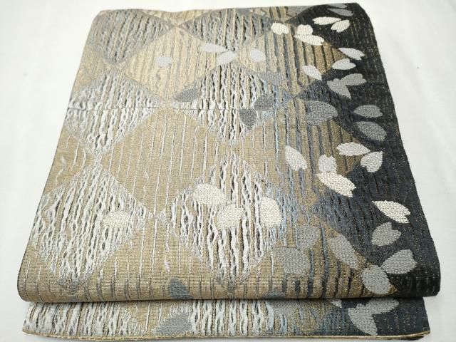 平和屋着物●両面　六通柄袋帯　本泥染　菱舞花びら　金糸　正絹　逸品　CAAT0852hy