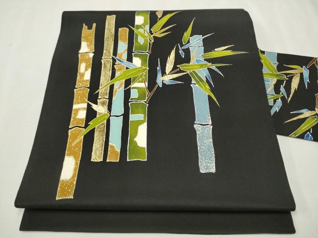 平和屋着物●九寸名古屋帯　笹竹文　黒地　金銀彩　正絹　逸品　CAAT0885hy