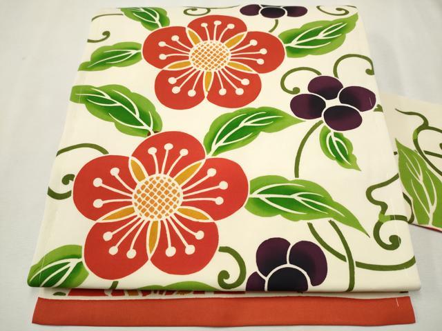 平和屋着物●塩瀬　全通柄　九寸名古屋帯　型染め　花唐草文　正絹　逸品　CAAT0892hy