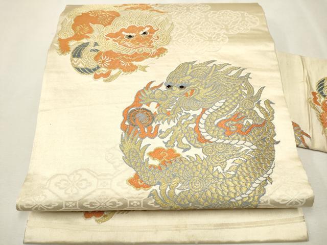 平和屋着物●アンティーク　大正ロマン　九寸名古屋帯　唐獅子　龍　金糸　正絹　逸品　CAAT0903hy
