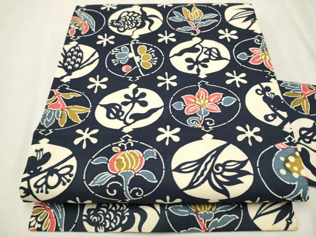 平和屋着物●全通柄　九寸名古屋帯　紬地　型染め　草花丸文　正絹　逸品　CAAT0910hy