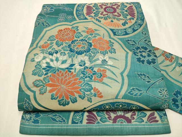 平和屋着物●アンティーク　大正ロマン　九寸名古屋帯　唐織　絵皿花文　正絹　逸品　CAAT0916hy