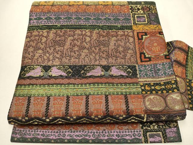 平和屋着物○九寸名古屋帯 横段吉祥文 黒地 金糸 正絹 逸品