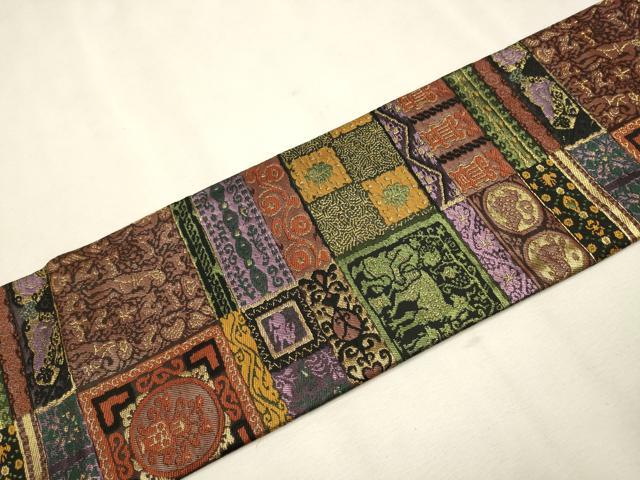 平和屋着物○九寸名古屋帯 横段吉祥文 黒地 金糸 正絹 逸品