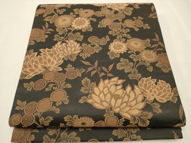 平和屋着物●六通柄袋帯　唐織　草花文　黒地　正絹　逸品　CAAT0963hy