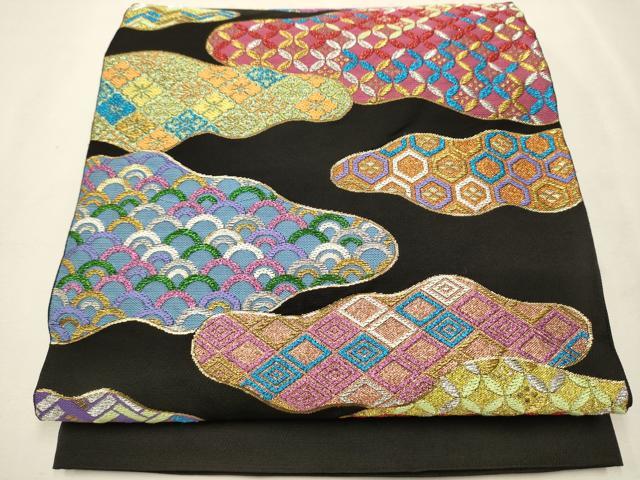 平和屋着物●六通柄　本袋帯　雲形割付文　黒地　金銀糸　正絹　逸品　CAAT0964hy