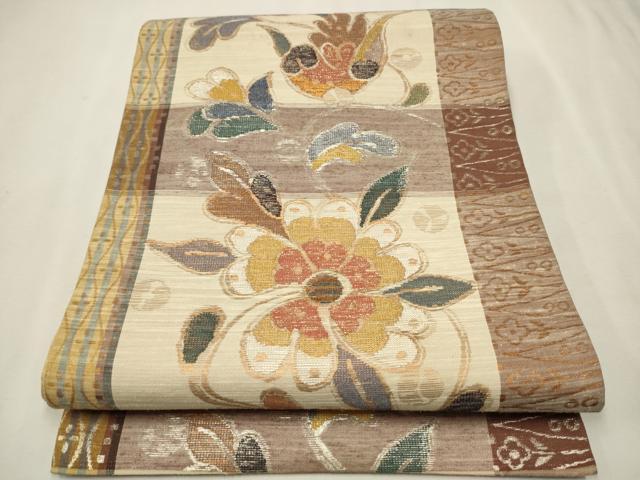 平和屋着物●六通柄袋帯　紬地　草花文　金銀糸　正絹　逸品　CAAT0972hy