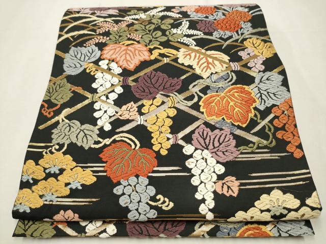 平和屋着物●六通柄袋帯　唐織　草花文　黒地　金糸　正絹　逸品　CAAT1034hy