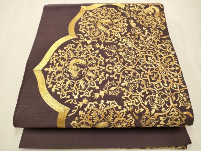 平和屋着物●爪掻き本綴れ　八寸名古屋帯　総駒刺繍　正倉院花唐草文　金糸　正絹　逸品　CAAT1048hy
