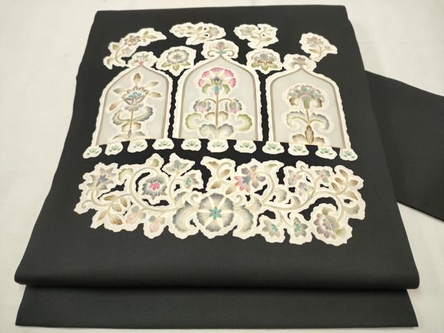 平和屋着物●岡重謹製　塩瀬　九寸名古屋帯　花唐草文　黒地　金彩　正絹　逸品　CAAT1052hy
