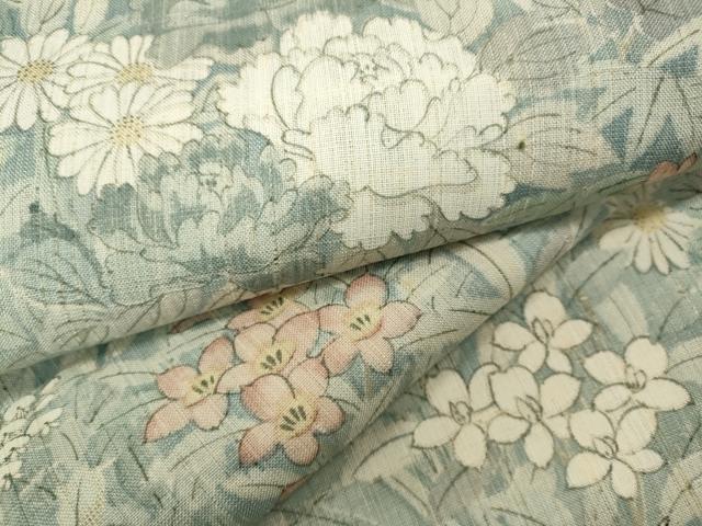 平和屋着物▽生紬　単衣　草花尽くし　正絹　逸品　CAAT4114ut