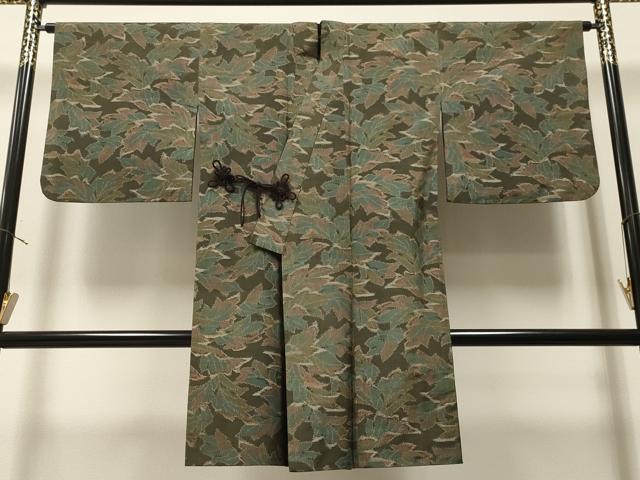 平和屋着物＃道中着　紬地　葉尽くし　ロング丈　正絹　逸品　CAAT5627id